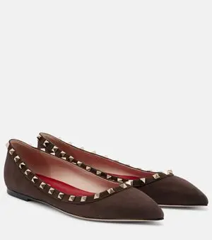 Valentino Garavani Rockstud Suede Ballet Flats - Brown
