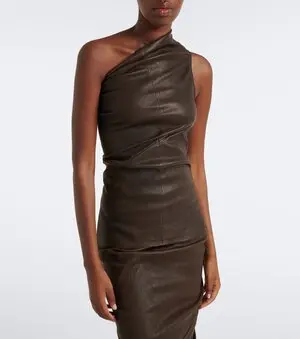 Rick Owens Athena One-shoulder Leather And Cotton Top - Brown