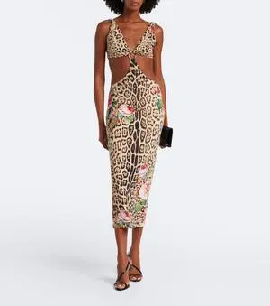 Roberto Cavalli Cutout Leopard Print Midi Dress