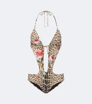 Roberto Cavalli Leopard-print Cut Out One Piece Swimsuit - Beige