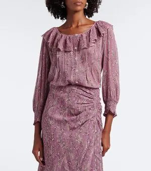 Veronica Beard Hewitt Ruffled Floral Georgette Blouse - Purple