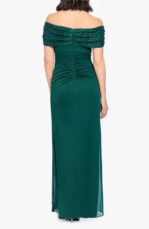 Betsy & Adam Glitter Lace Off The Shoulder Gown - Pine