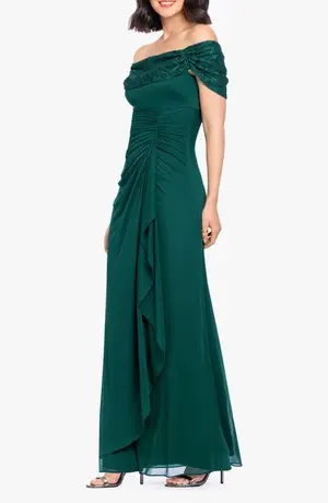 Betsy & Adam Glitter Lace Off The Shoulder Gown - Pine