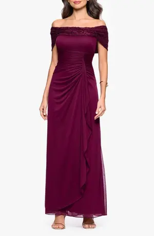 Betsy & Adam Glitter Lace Off The Shoulder Gown - Wine