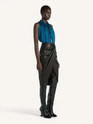 Balmain Draped Lambskin Midi Skirt - Black