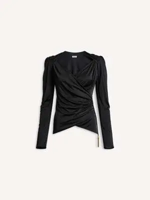Balmain Draped Flowing Jersey Top With Plunging Neckline