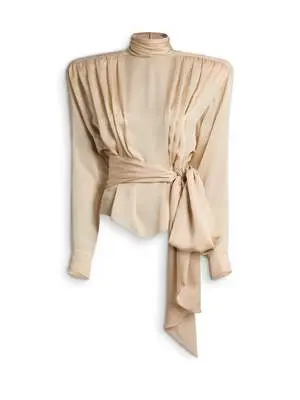 Balmain Silk Chiffon Blouse With Padded Shoulders And Tie - Beige