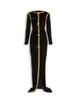 Balmain Long Velvet Dress With Embroidered Trim