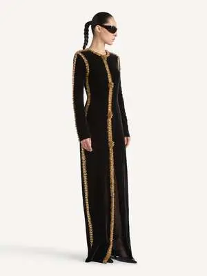 Balmain Long Velvet Dress With Embroidered Trim