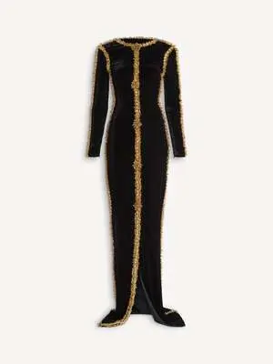 Balmain Long Velvet Dress With Embroidered Trim