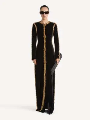 Balmain Long Velvet Dress With Embroidered Trim