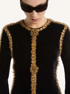 Balmain Long Velvet Dress With Embroidered Trim