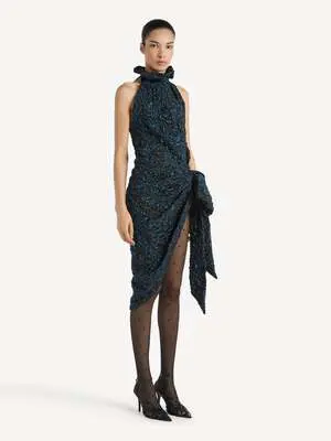 Balmain Draped Cloqué Jacquard Midi Dress - Blue