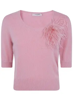 TWINSET Sweater Short Sleeves Round Neck "feathers - Pink