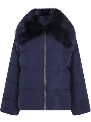 TWINSET Windbreaker Faux Fur Neck Puffer Jacket - Black