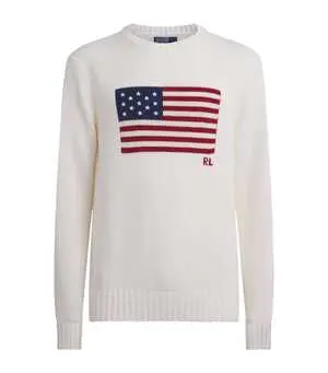 Polo Ralph Lauren American Flag Embroidered Crewneck Sweater - White