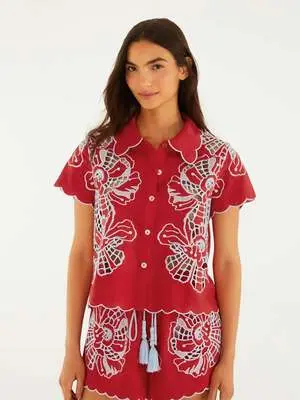 Farm Rio Short-sleeve Cut-out Embroidered Button-up Blouse - Rosso