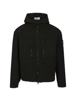 Stone Island Hooded Organic Cotton Ripstop Overshirt With Vertical Zip Pockets - Nero