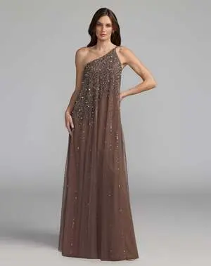 Mac Duggal One Shoulder Embellished Trapeze Gown - Brown