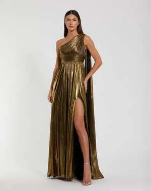 Mac Duggal Metallic One Shoulder Gown With Slit - Gold