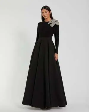 Mac Duggal Petite Long Sleeve Ball Gown With Rhinestone Flower Detail