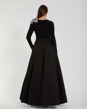 Mac Duggal Petite Long Sleeve Ball Gown With Rhinestone Flower Detail