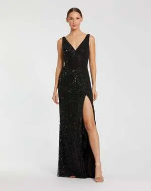 Mac Duggal Beaded Floral Sleeveless Gown - Black