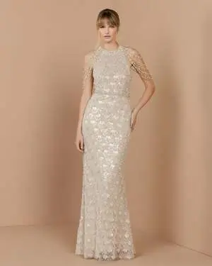 MAC DUGGAL COLLECTION Ivory Draped Pearl Embellished Column Gown - Neutral