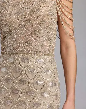 MAC DUGGAL COLLECTION Draped Pearl Embellished Column Gown