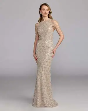 MAC DUGGAL COLLECTION Draped Pearl Embellished Column Gown