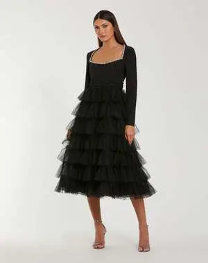 Mac Duggal Crystal Trim Long Sleeve Tiered Tulle Midi Dress