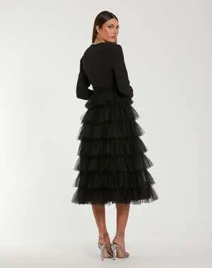 Mac Duggal Crystal Trim Long Sleeve Tiered Tulle Midi Dress
