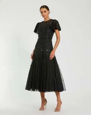 Mac Duggal High Neck Flutter Sleeve Embellished Midi Dress