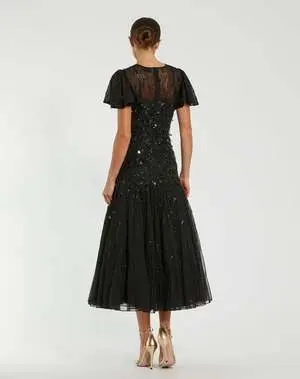 Mac Duggal High Neck Flutter Sleeve Embellished Midi Dress