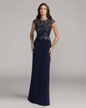 Mac Duggal Navy Embroidered Cap Sleeve Jersey Gown