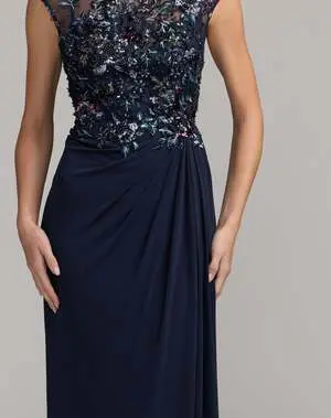 Mac Duggal Navy Embroidered Cap Sleeve Jersey Gown