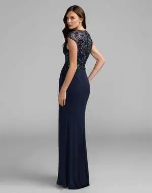 Mac Duggal Navy Embroidered Cap Sleeve Jersey Gown