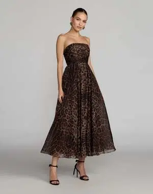 Mac Duggal Strapless Ruched Bodice A-line Chiffon Midi Dress