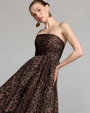 Mac Duggal Strapless Ruched Bodice A-line Chiffon Midi Dress