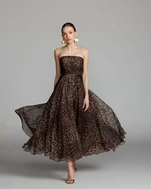 Mac Duggal Strapless Ruched Bodice A-line Chiffon Midi Dress