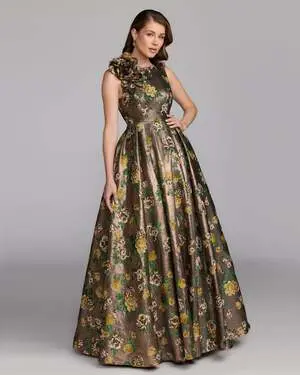 Mac Duggal Metallic Floral Brocade Ball Gown With 3d Rosette