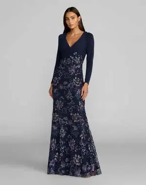 Mac Duggal Embroidered Long Sleeve Gown - Navy