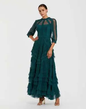 Mac Duggal Petite Teal High Neck Tiered Ruffle Maxi Gown