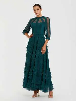 Mac Duggal Petite Teal High Neck Tiered Ruffle Maxi Gown