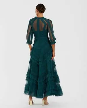 Mac Duggal Petite Teal High Neck Tiered Ruffle Maxi Gown