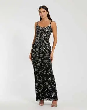 Mac Duggal Floral Embellished Scoop Neck Evening Gown - Black