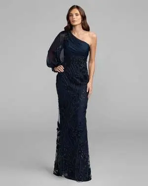 Mac Duggal Petite One Sleeve Chiffon Embellished Gown