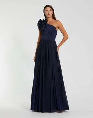 Mac Duggal Petite Pleated One Shoulder Ruffle Gown - Navy