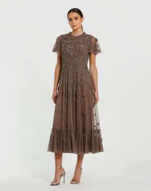Mac Duggal Embellished High Neck Flutter Sleeve A Line Dress