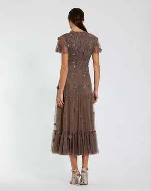 Mac Duggal Embellished High Neck Flutter Sleeve A Line Dress